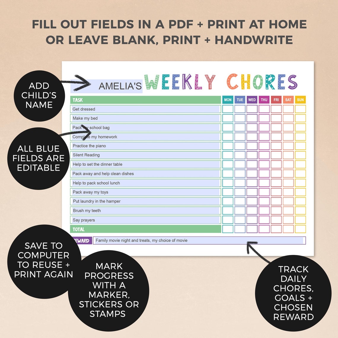 Rainbow Chore Chart for Kids Editable Printable Daily - Etsy