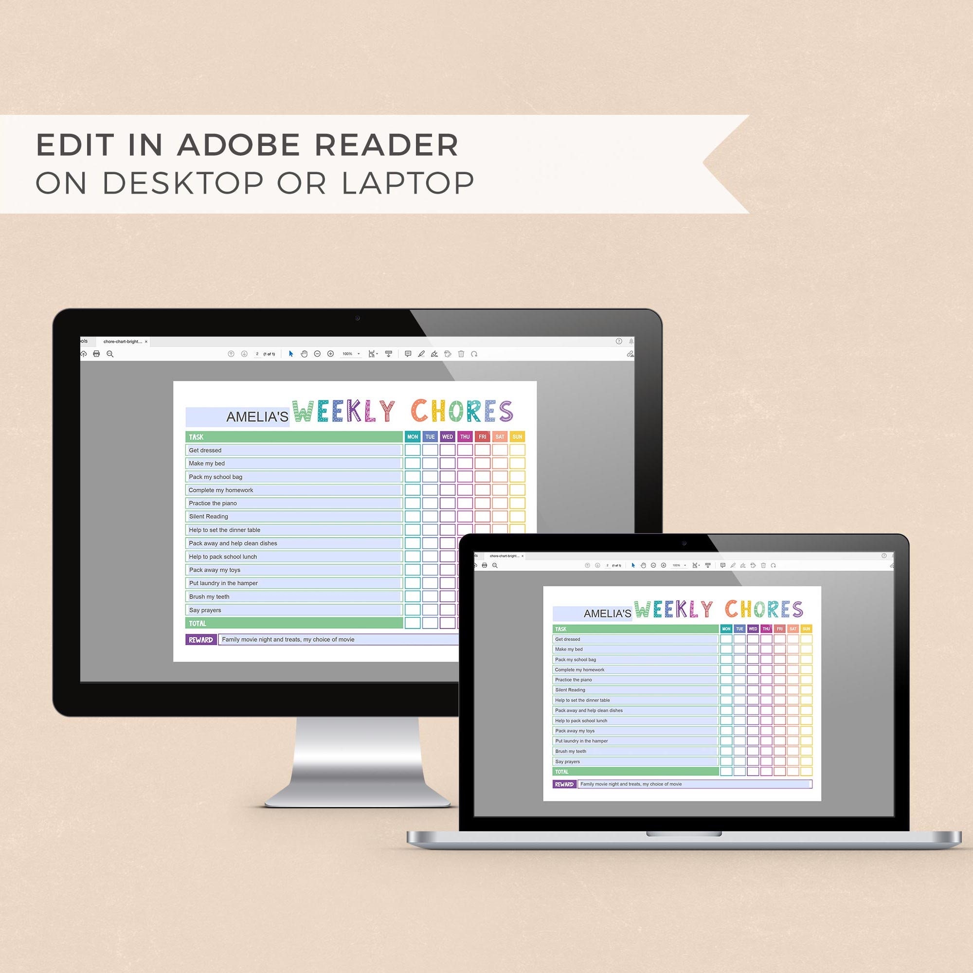 Rainbow Chore Chart for Kids, Editable Printable Daily Weekly ...