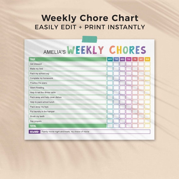 Rainbow Chore Chart for Kids, editable printable | Daily + Weekly ...