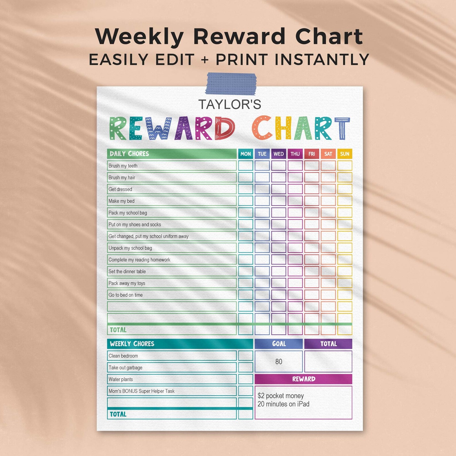Rainbow Reward Chart for Kids, Editable Printable Daily Weekly ...