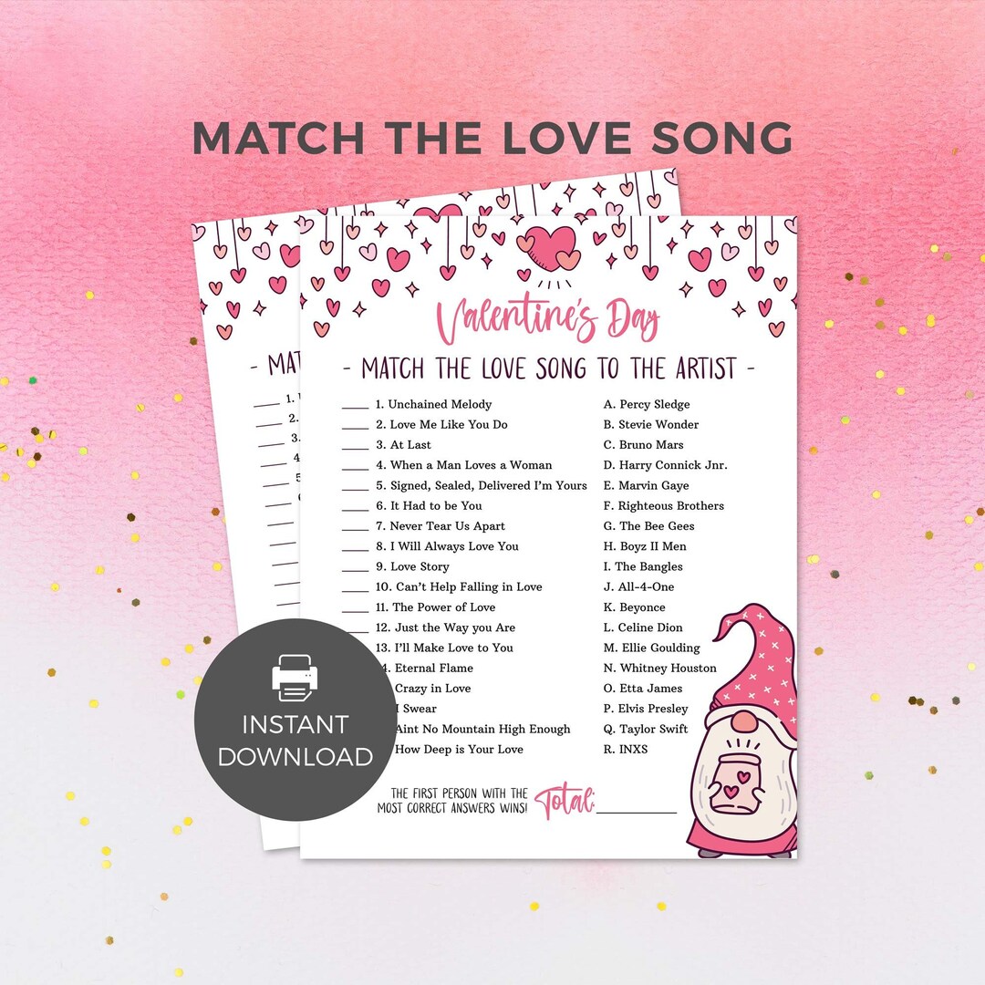 Valentine's Day Printable Game, Match the Love Song Music Activity ...