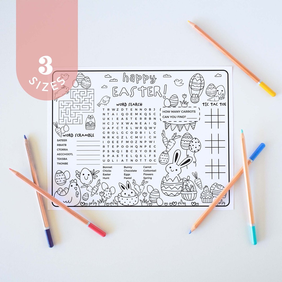 Kids Easter Activity Sheet, Bunny Coloring + Games Printable Placemat ...