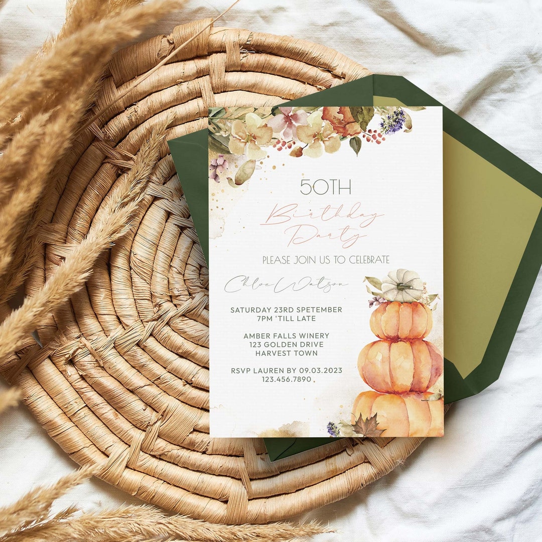 Fall Birthday Invitation, 50th Invite for Woman or Any Age | Pumpkin ...