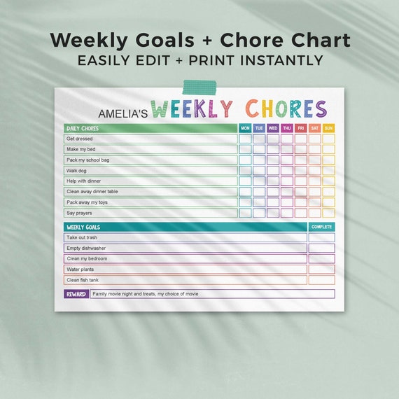 Rainbow Chore Chart for Kids, editable printable | Weekly daily ...