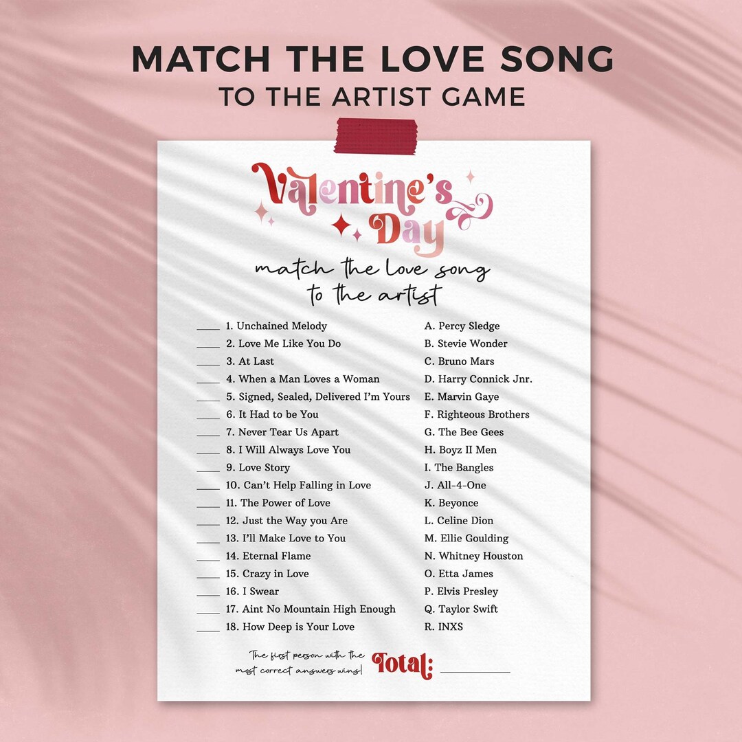 Valentine's Day Printable Game, Match the Love Song Music Activity ...