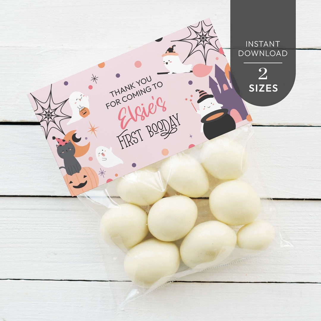 Halloween Favor Bag Topper Cards, Editable Printable | Pink Ghost Girl's Halloween Birthday ...