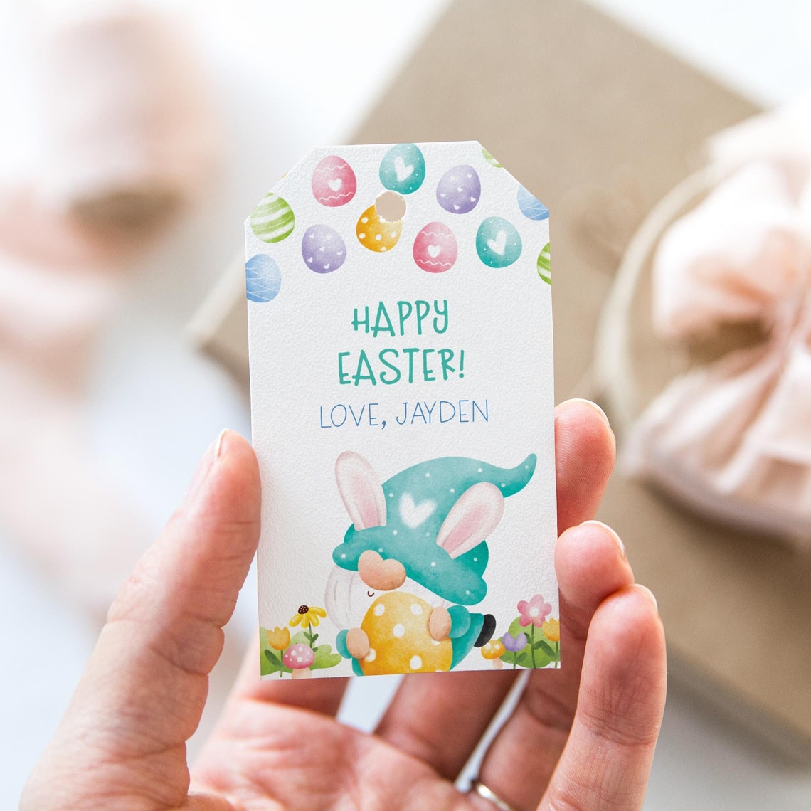 Editable Easter Gift Tag Template, Green Gnome Eggs Printable Happy ...