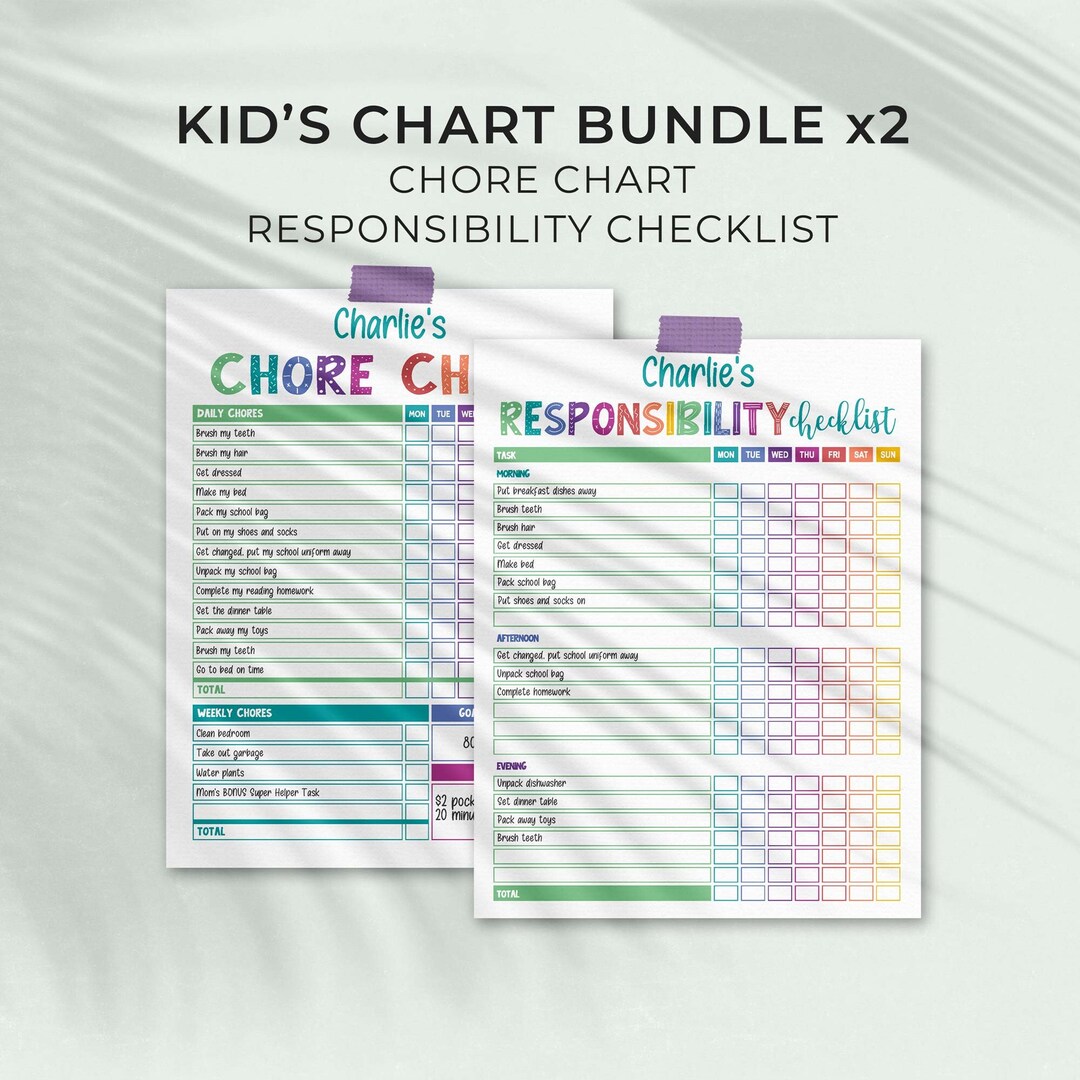 Rainbow Editable Chart Bundle for Kids, Chore Chart + Responsibility ...