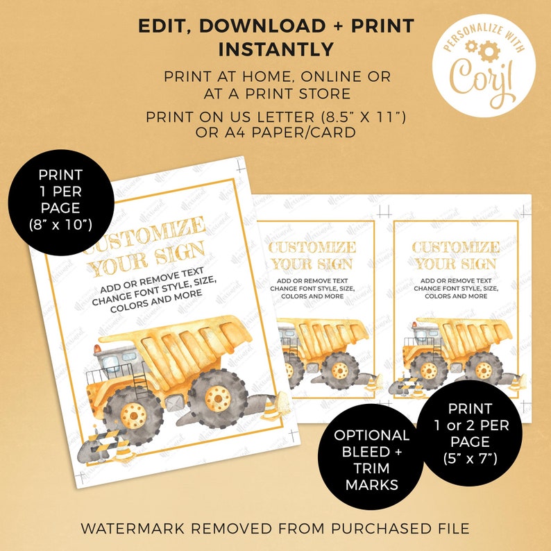 Editable Dump Truck Construction Birthday Party Welcome Sign | Custom ...