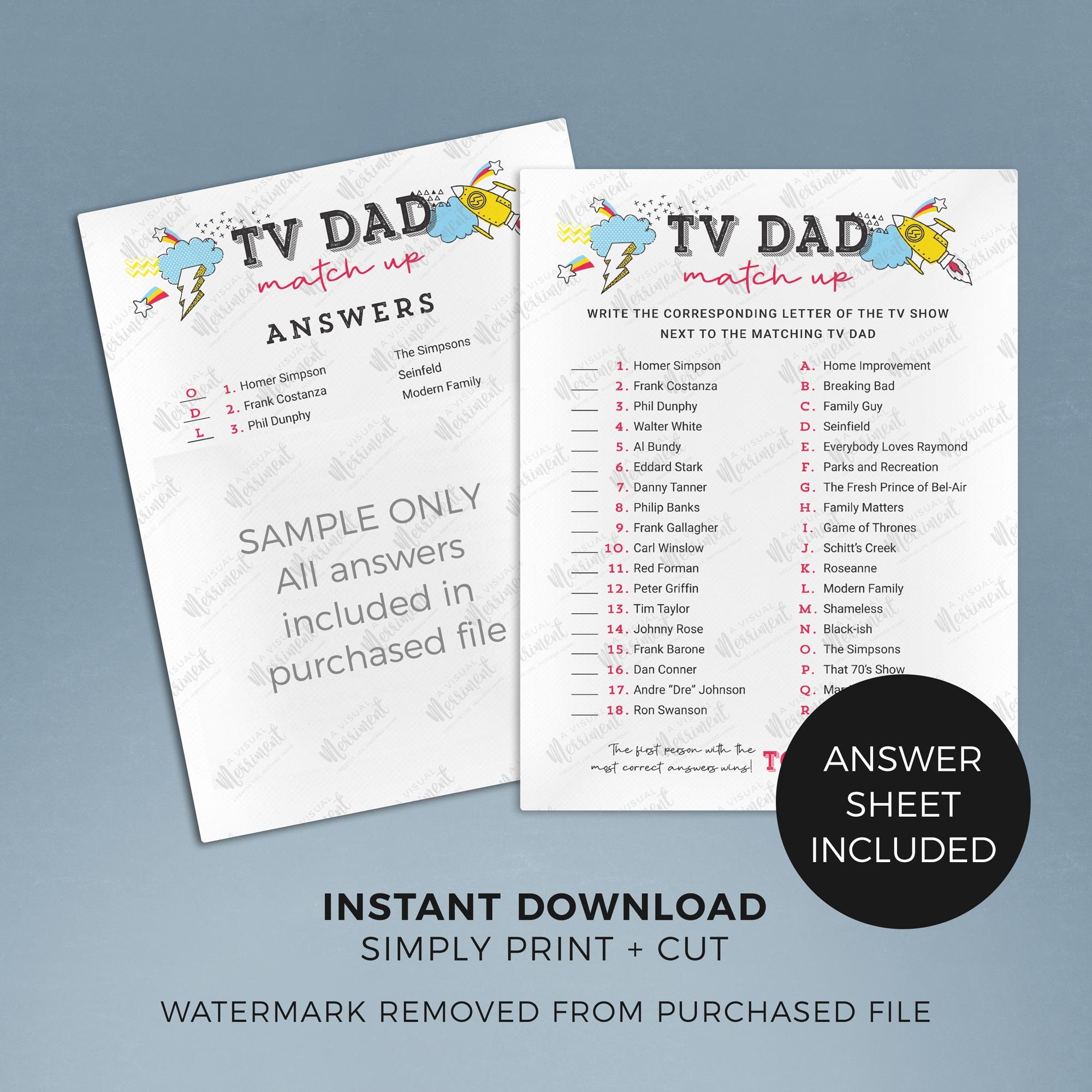 Father's Day Printable Game, TV Dad Match up Activity | Famous ...