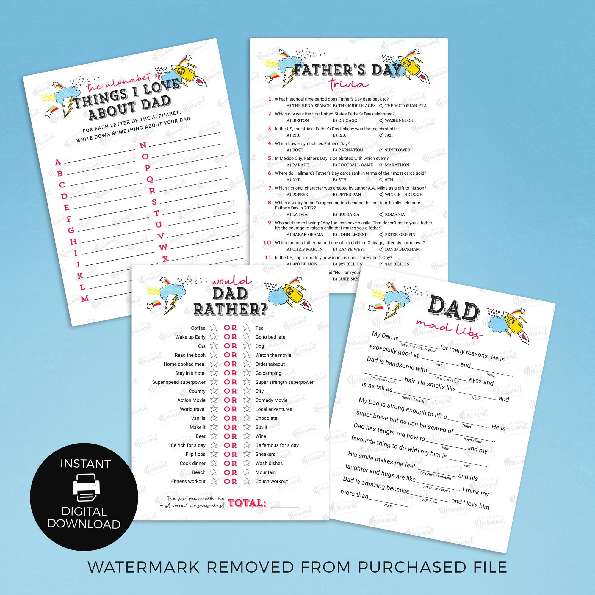 Printable Fathers Day Games Bundle X8: Kids, Teen, Adult and Family Fun ...