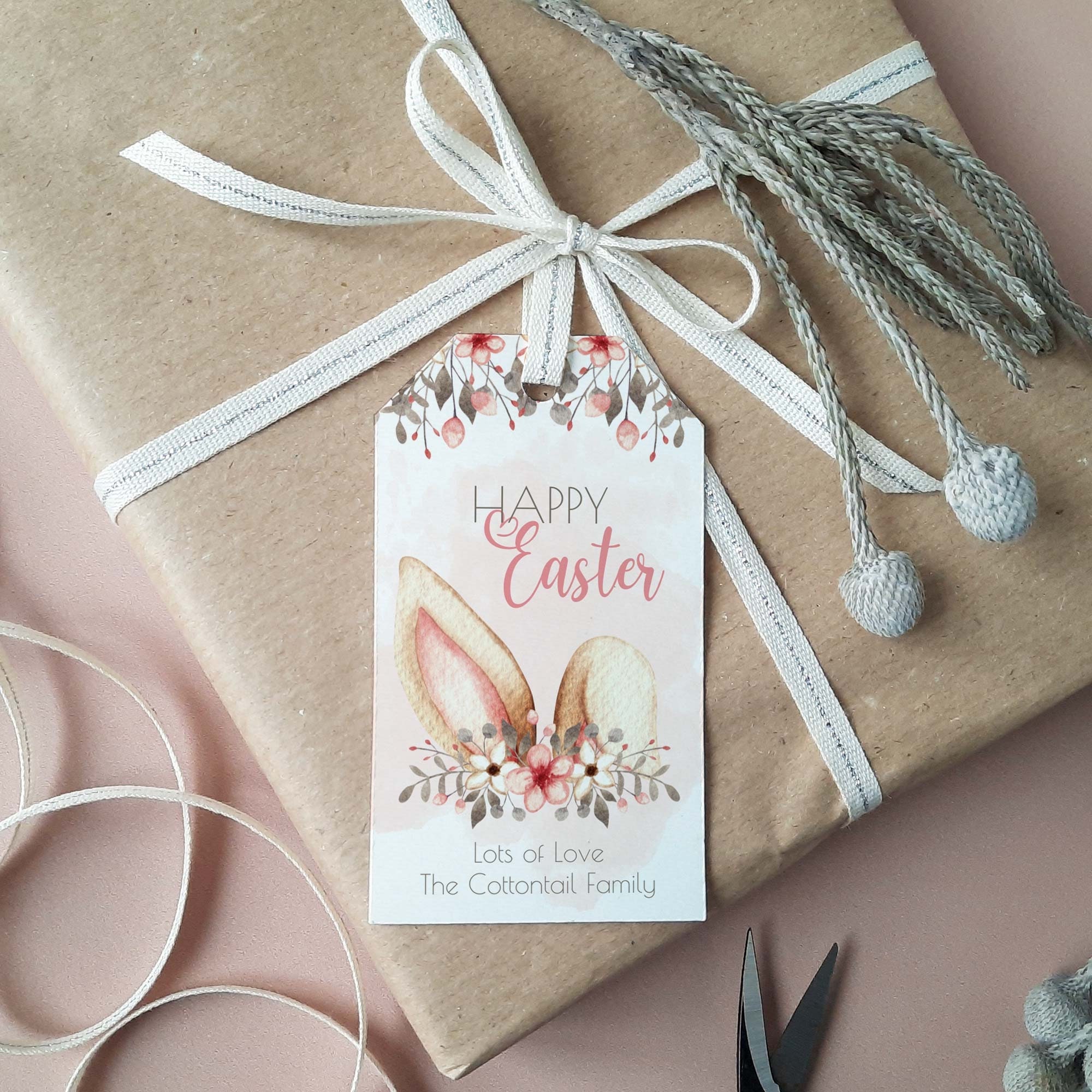 Happy Easter Gift Tag Template, Watercolor Flower Bunny Ears Editable ...