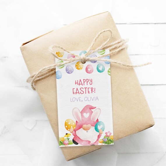 Editable Easter Gift Tag Template, Pink Gnome + Eggs | Printable Happy ...