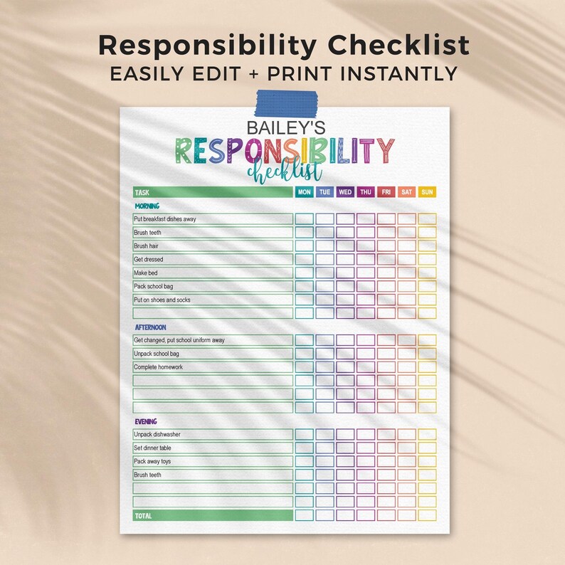Rainbow Responsibility Checklist for Kids Editable Printable - Etsy