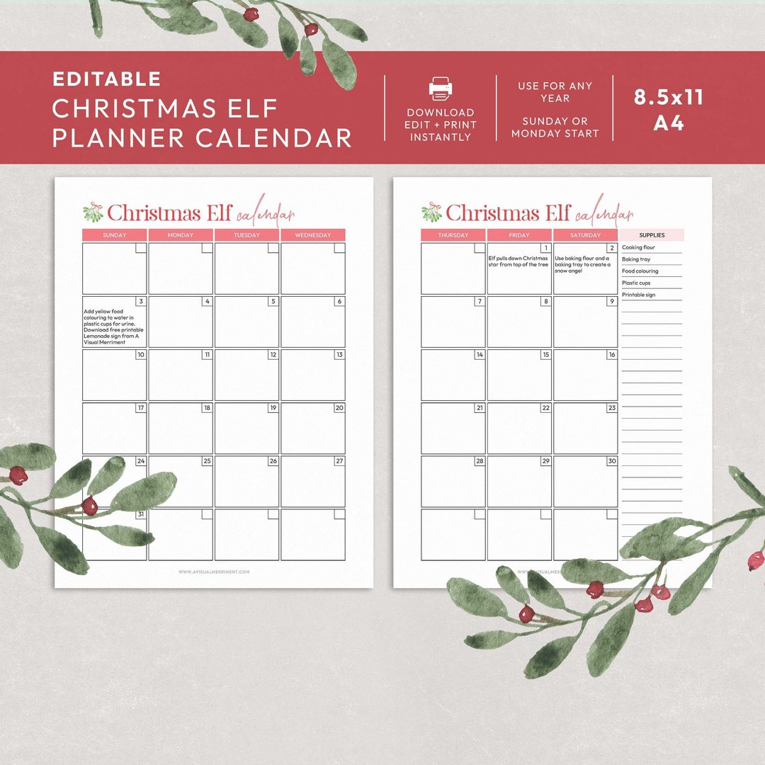Christmas Elf Editable Calendar Planner Printable, 2 Pages + BONUS ...