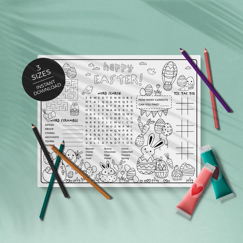 Kids Easter Activity Sheet, Bunny Coloring + Games Printable Placemat ...