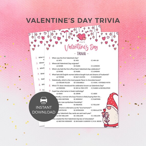 Valentines Day Printable Game Valentine Trivia Activity Cute Gnome