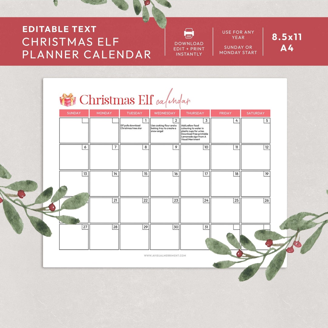 Christmas Elf Editable Calendar Planner Printable | Red Holiday Custom ...