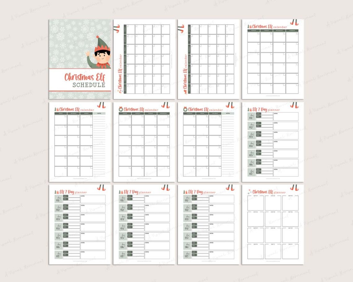 Printable Christmas Elf Schedule Planner Calendar | Green Holiday Elf ...