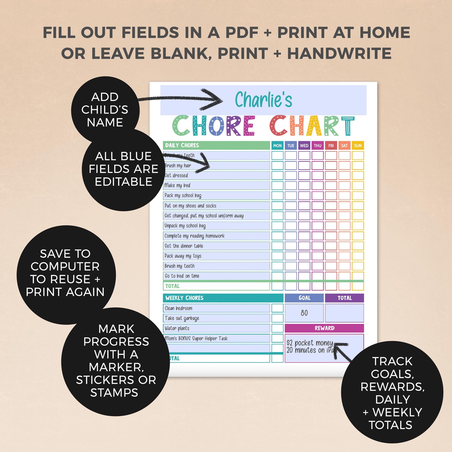 Rainbow Chore Chart for Kids, Editable Printable | Daily + Weekly ...