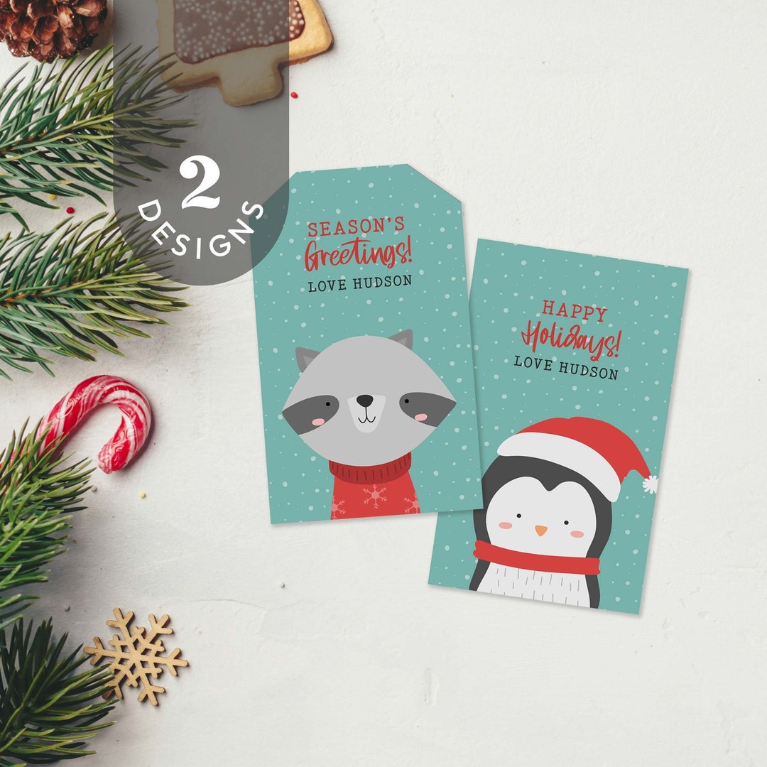 Editable Christmas Gift Tag Printable Bundle X2, Cute Penguin + Raccoon ...