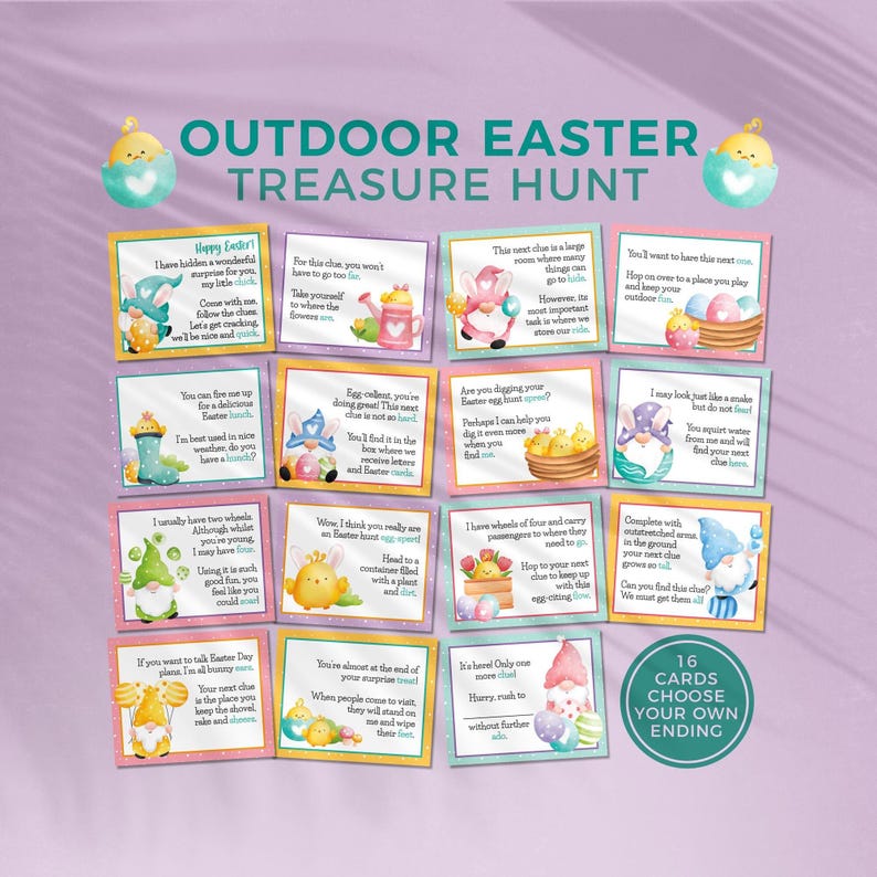 Gnome Outdoor Easter Treasure Hunt Printable Scavenger Egg Hunt Cards ...