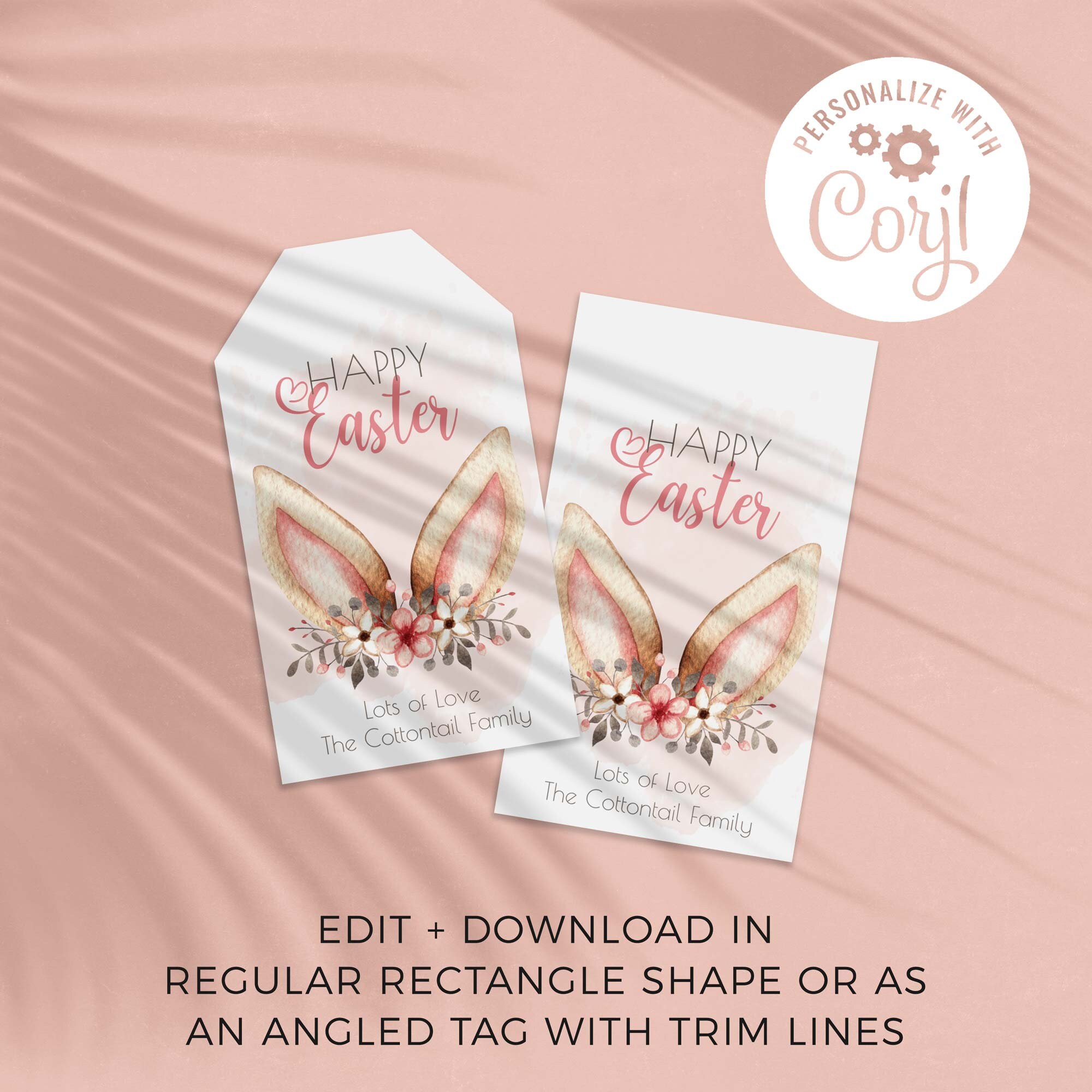 Happy Easter Gift Tag Template, Watercolor Bunny Ears Editable Pastel ...