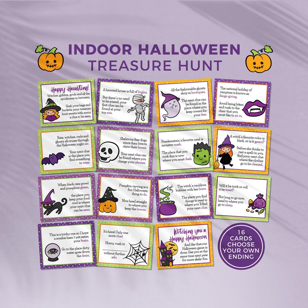 Indoor Halloween Scavenger Hunt Game for Kids, Printable Clue Cards ...