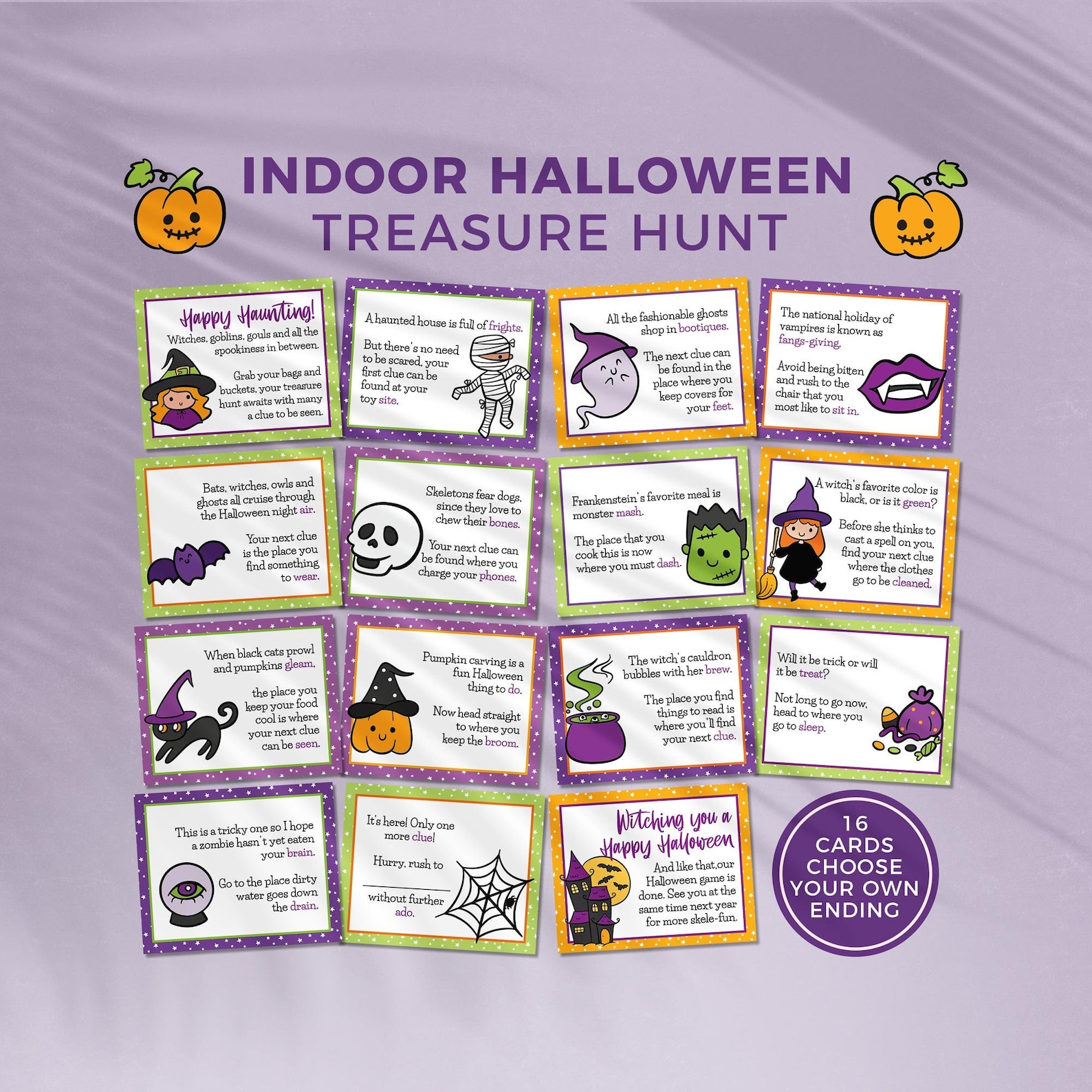 Indoor Halloween Scavenger Hunt Game for Kids, Printable Clue Cards ...