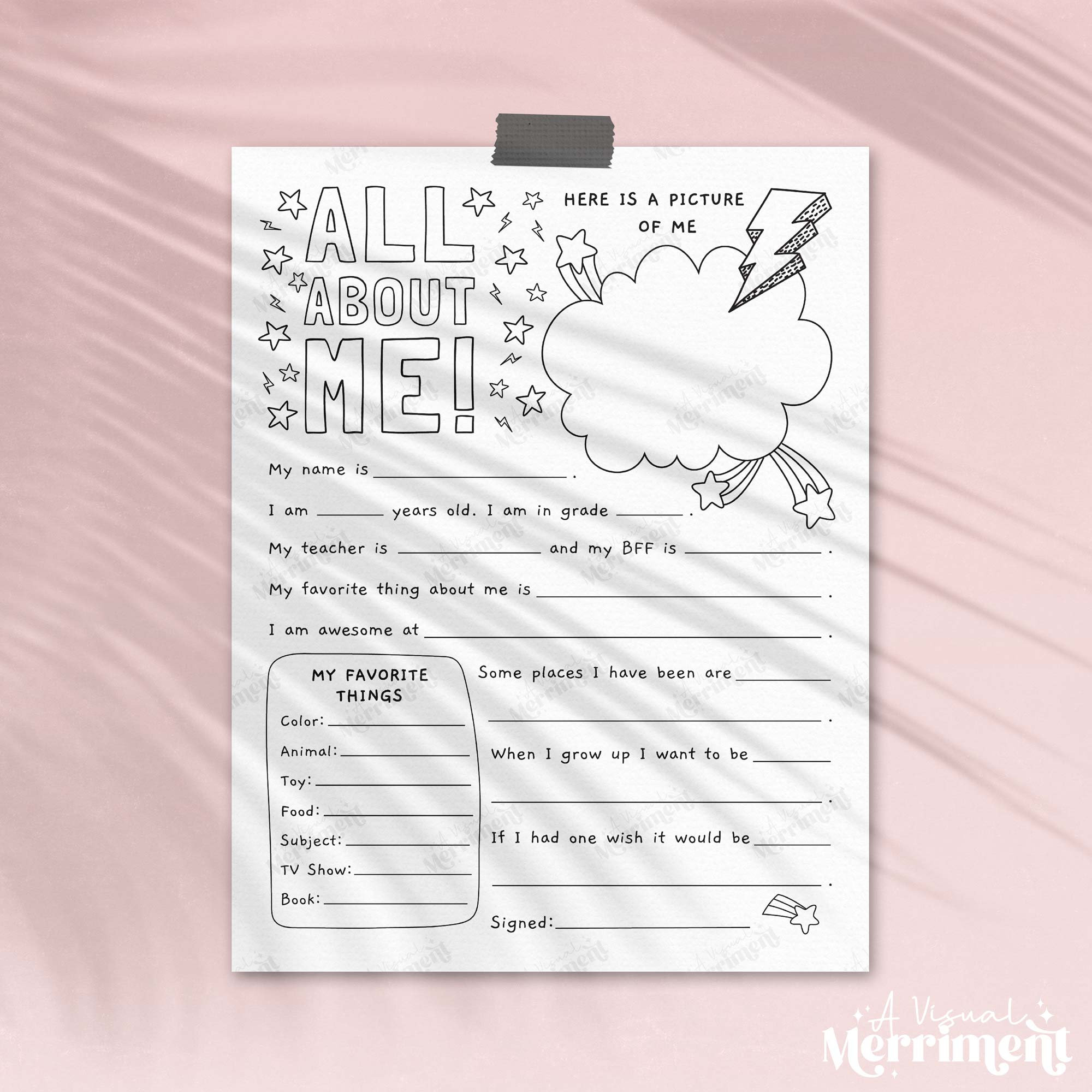 All About Me Printable Worksheet Back to School Writing Prompt for Kids ...