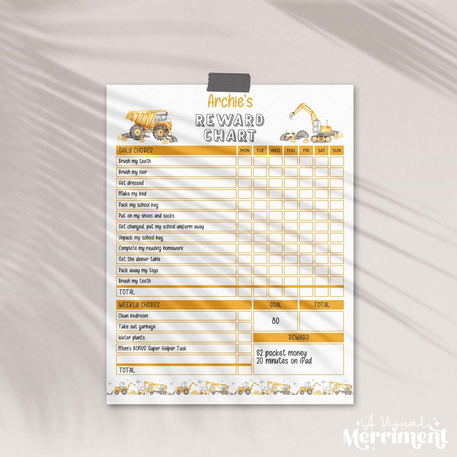 Construction Reward Chart for Kids, Editable Printable | Daily + Weekly ...