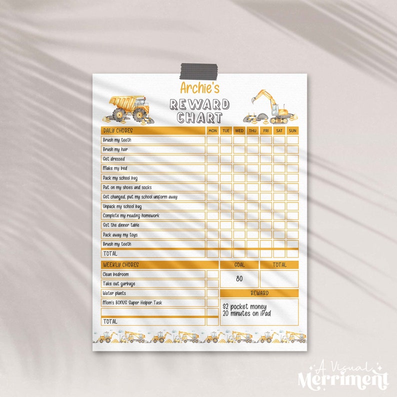 Construction Reward Chart for Kids, Editable Printable | Daily + Weekly ...