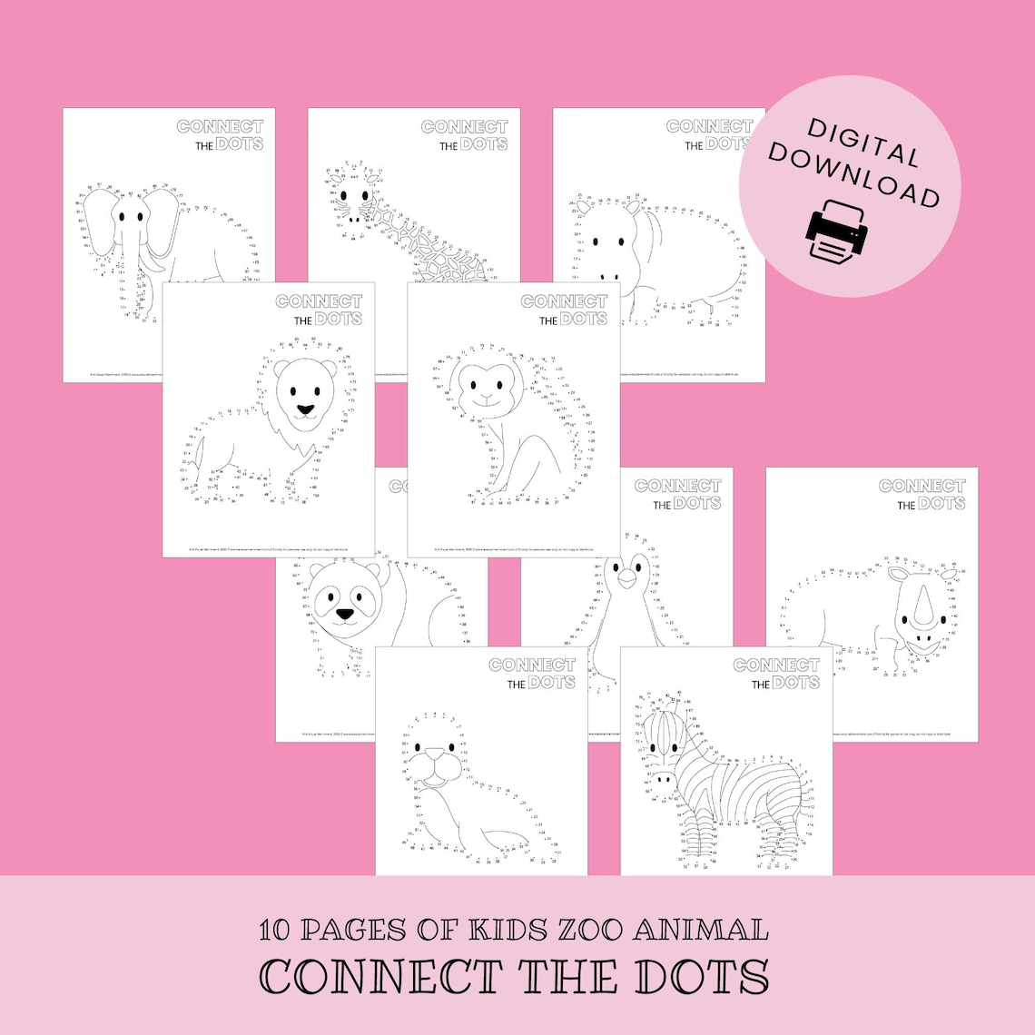 10 Kids CONNECT THE DOTS Zoo Animals Printable Paint by Number Pages ...