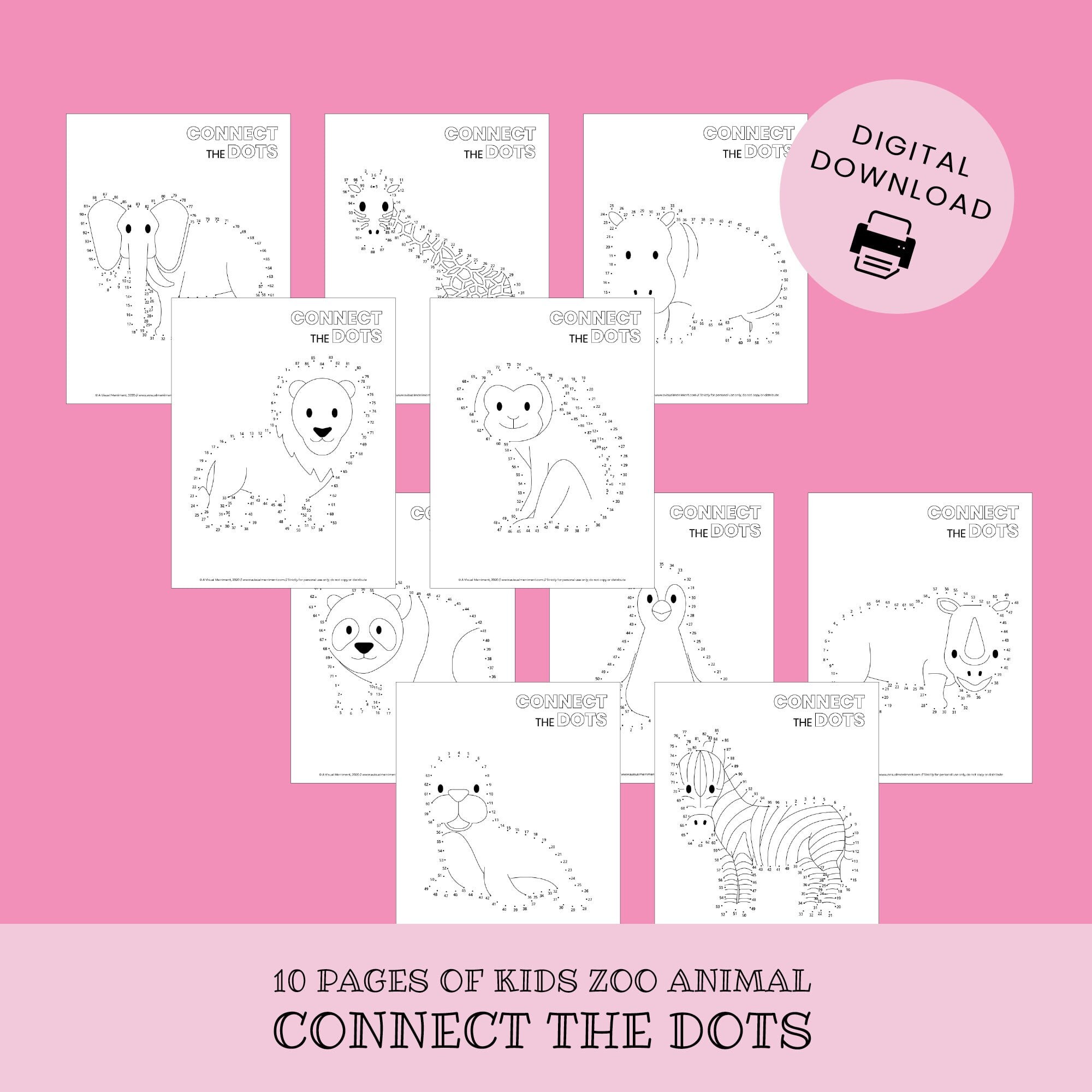 10 Kids CONNECT THE DOTS Zoo Animals Printable Paint by Number Pages ...