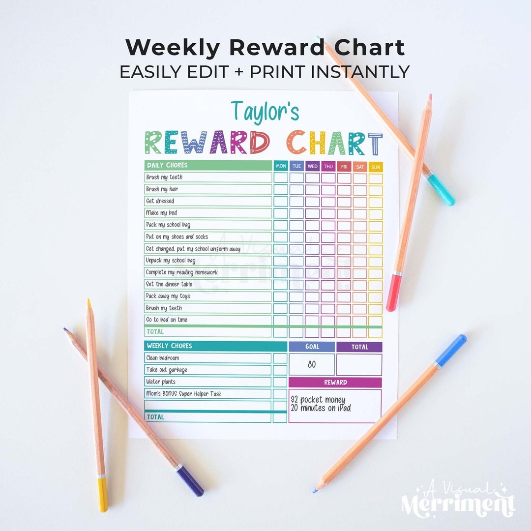 Rainbow Reward Chart for Kids, Editable Printable Daily Weekly ...