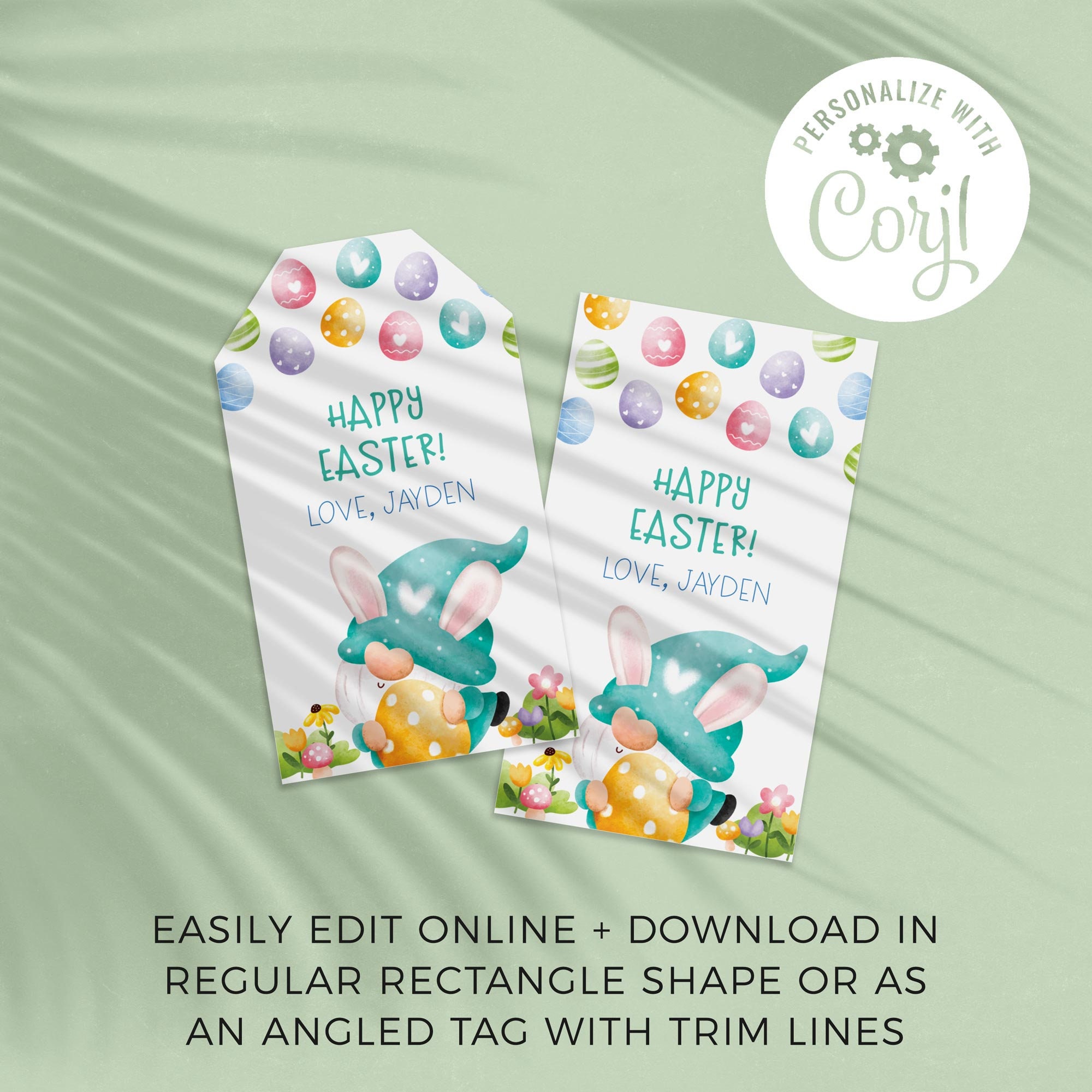 Editable Easter Gift Tag Template, Green Gnome Eggs Printable Happy ...