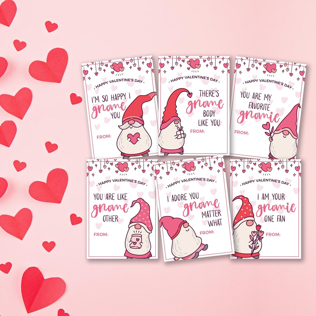 Printable Gnome Valentine Gift Tag Cute Gnomie Classroom Valentines Day ...