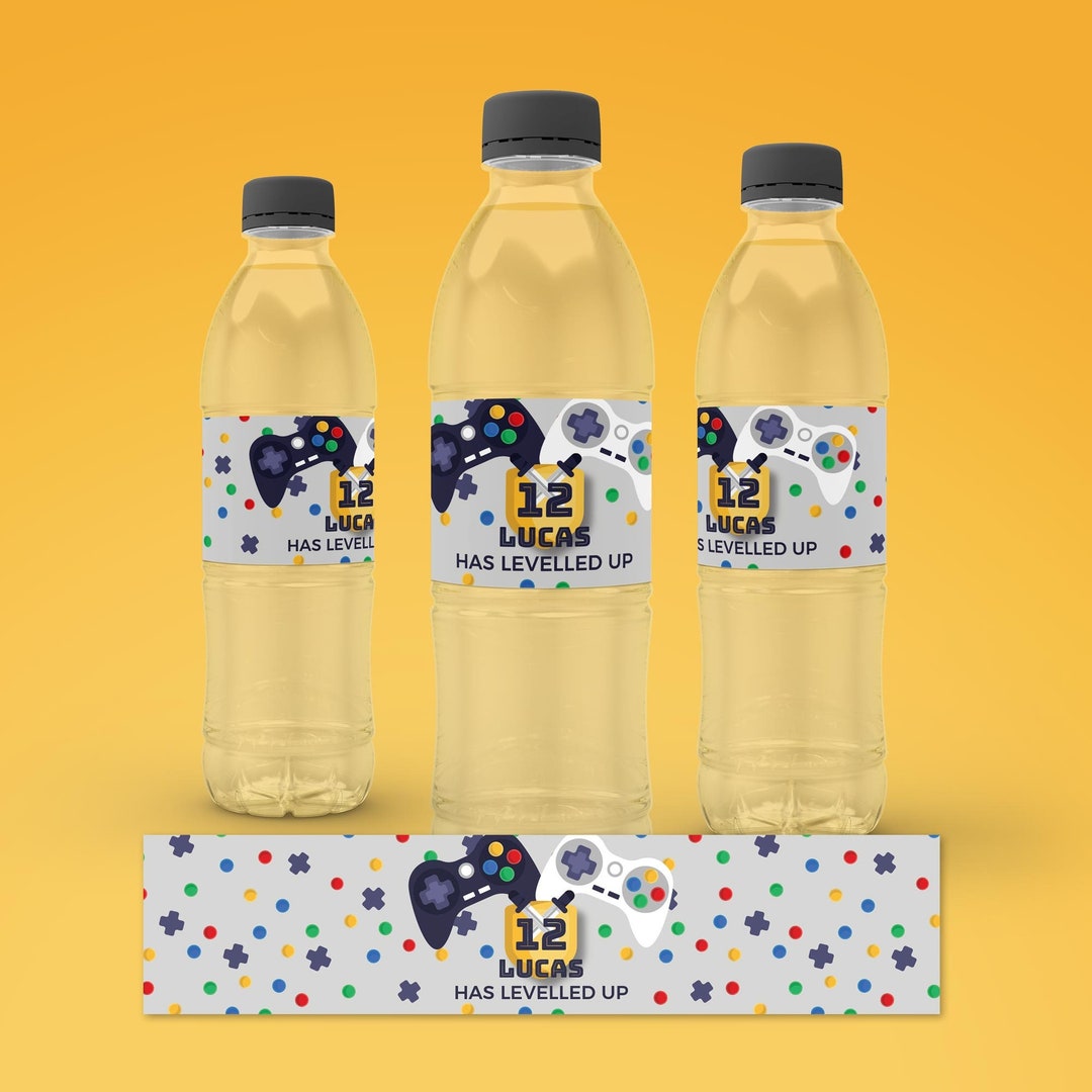 Gamer Water Bottle Label Editable Favor in Grey | Video Gaming Retro ...