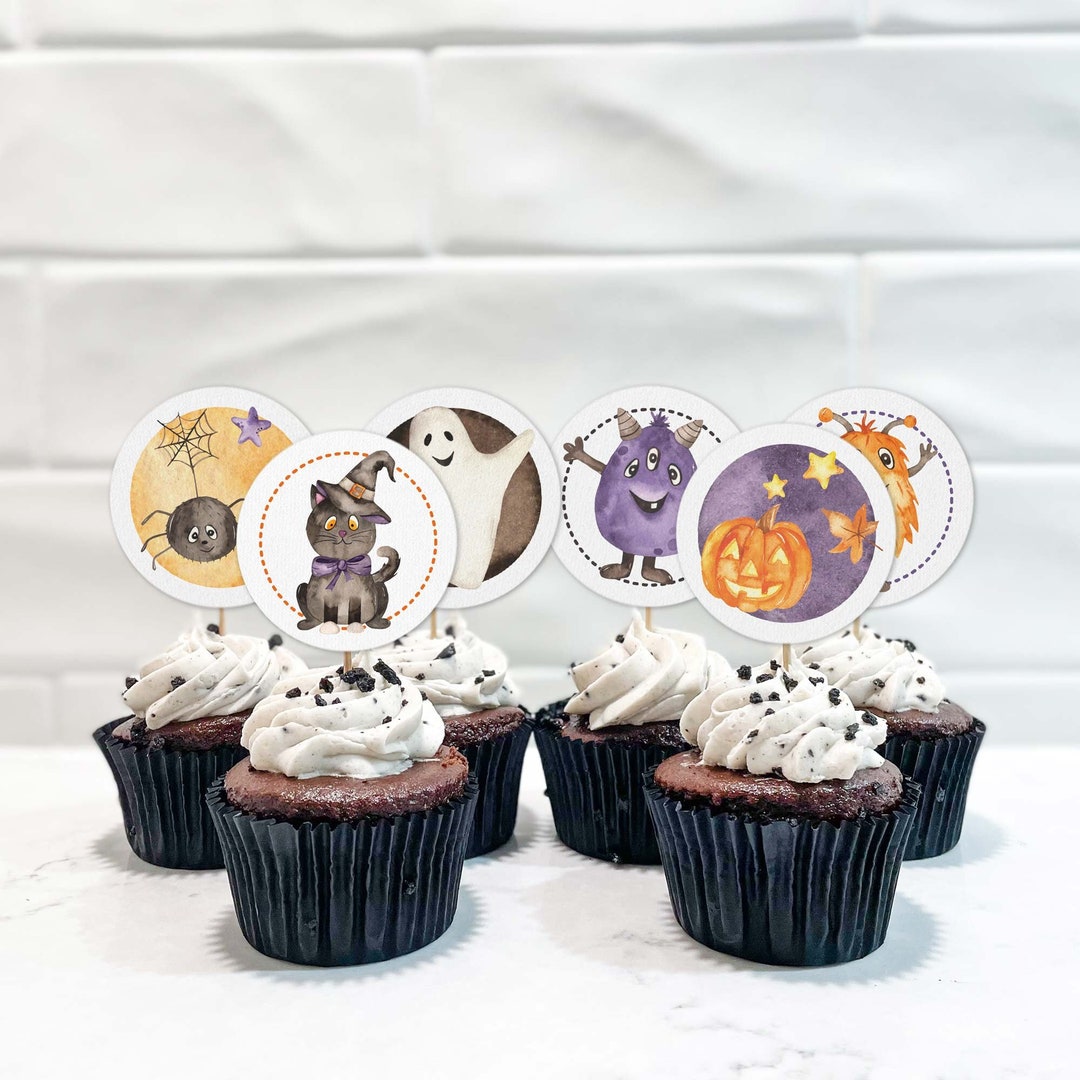 Halloween Cupcake Topper Printable | Watercolor Birthday Favor Tags ...