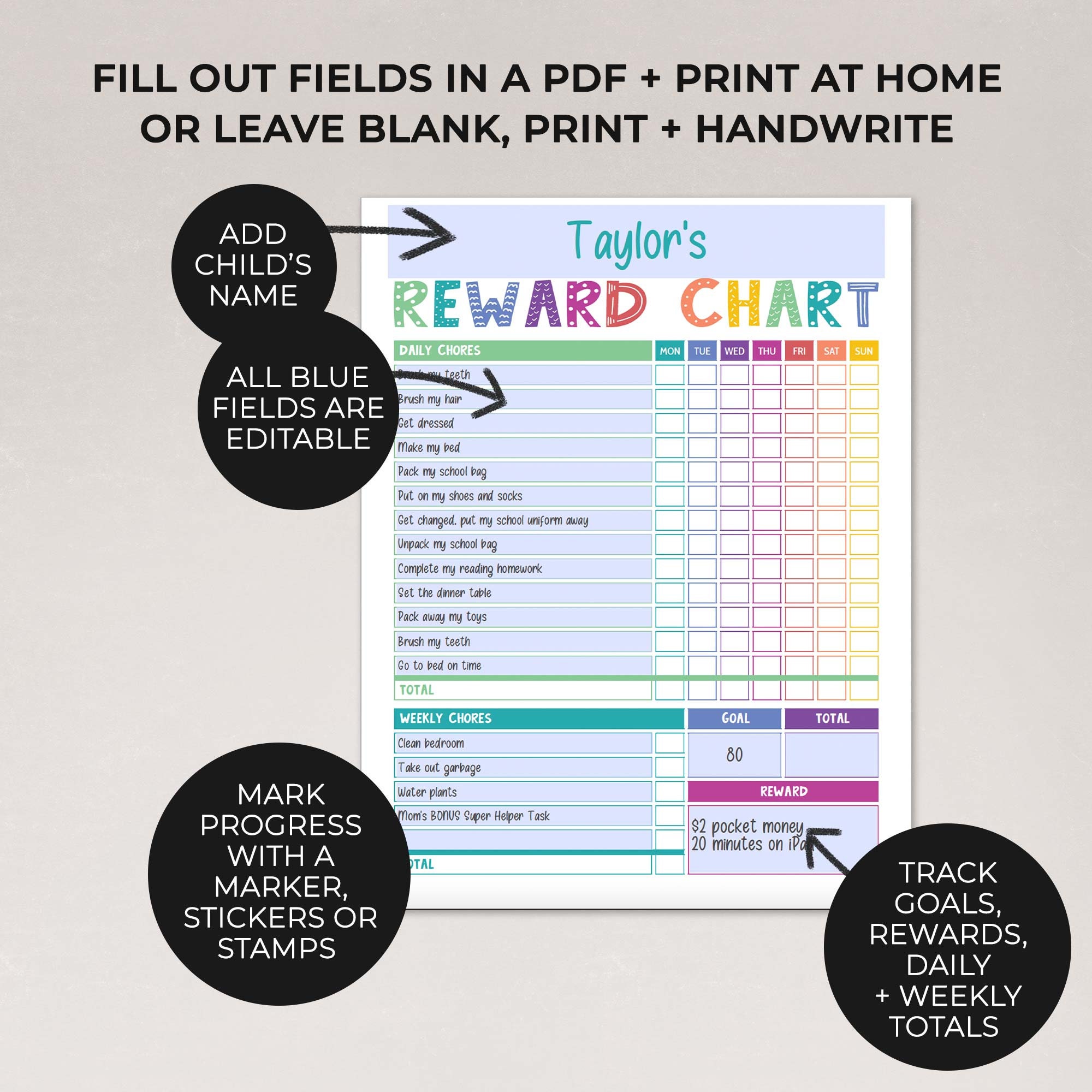 Rainbow Editable Chart Bundle for Kids, Daily Schedule + Reward Chart ...