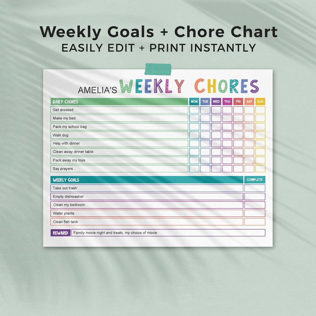 Rainbow Chore Chart for Kids, Editable Printable | Weekly Daily ...