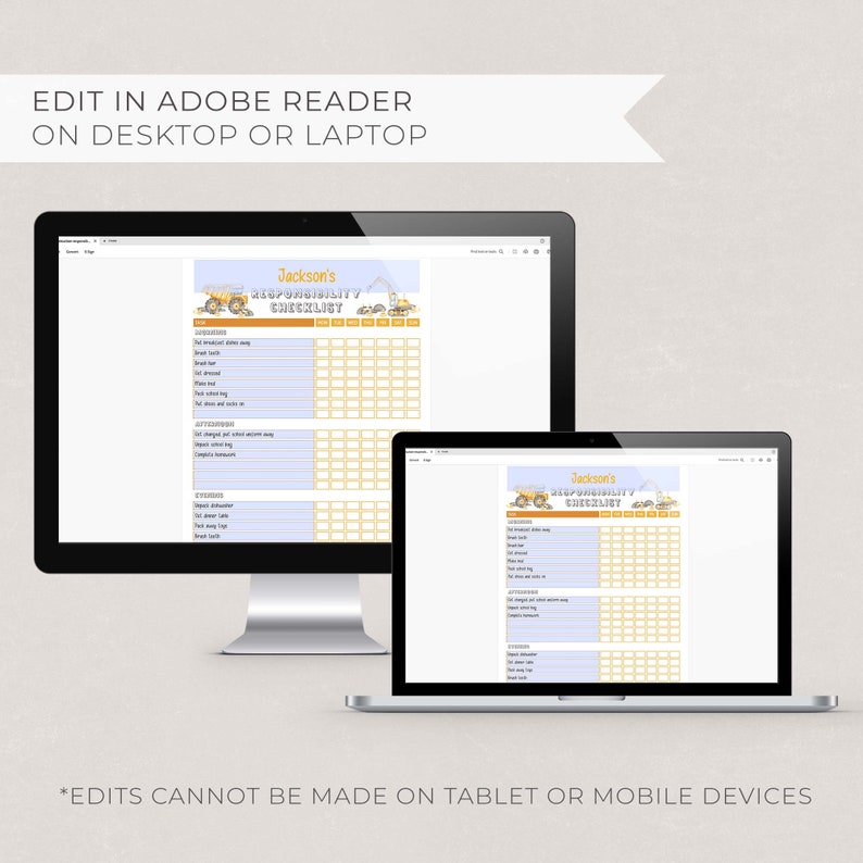 Construction Responsibility Checklist for Kids, Editable Printable ...