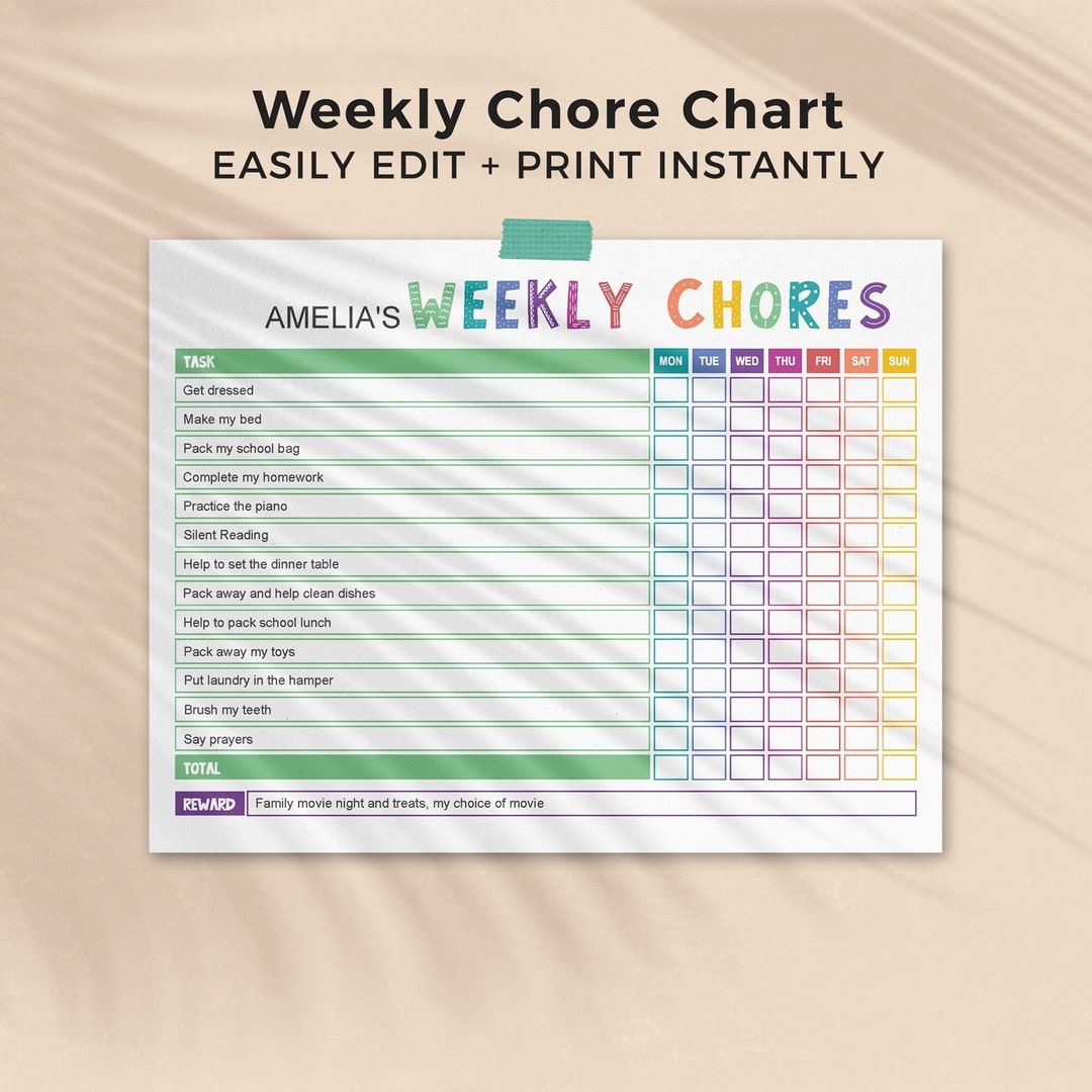 Rainbow Chore Chart for Kids, Editable Printable | Daily + Weekly ...