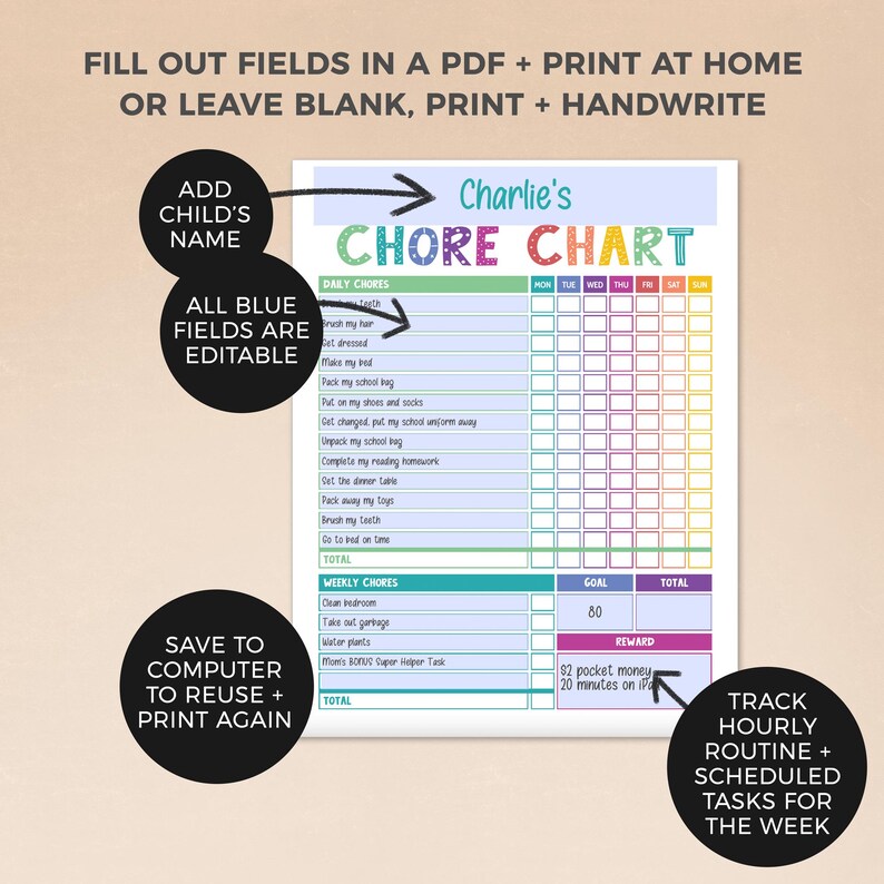 Rainbow Editable Chart Bundle for Kids, Daily Schedule Chore Chart ...
