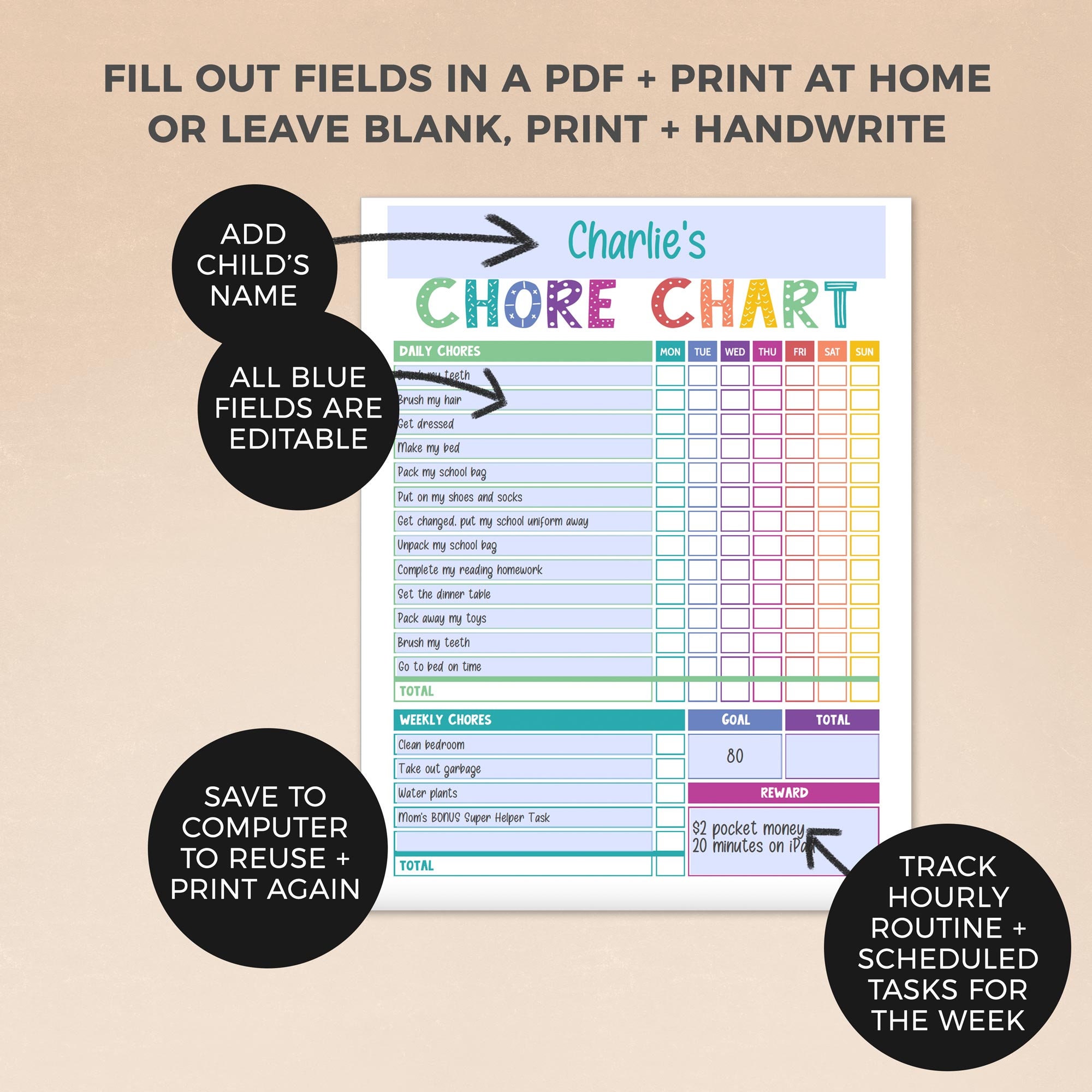 Rainbow Editable Chart Bundle for Kids, Daily Schedule + Chore Chart ...