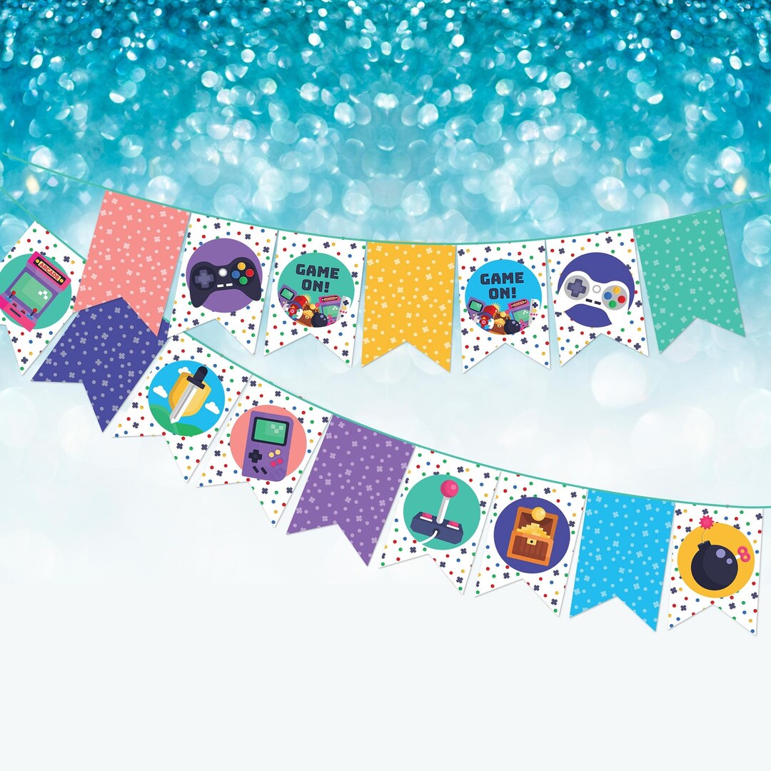 Gamer Party Decor Printable Sign Bunting Retro Arcade Video Gaming ...