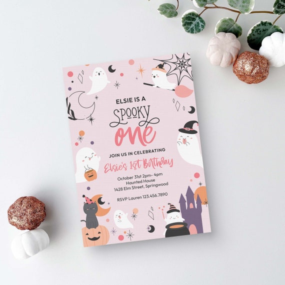 First Birthday Halloween Invitation, pink ghost editable printable ...
