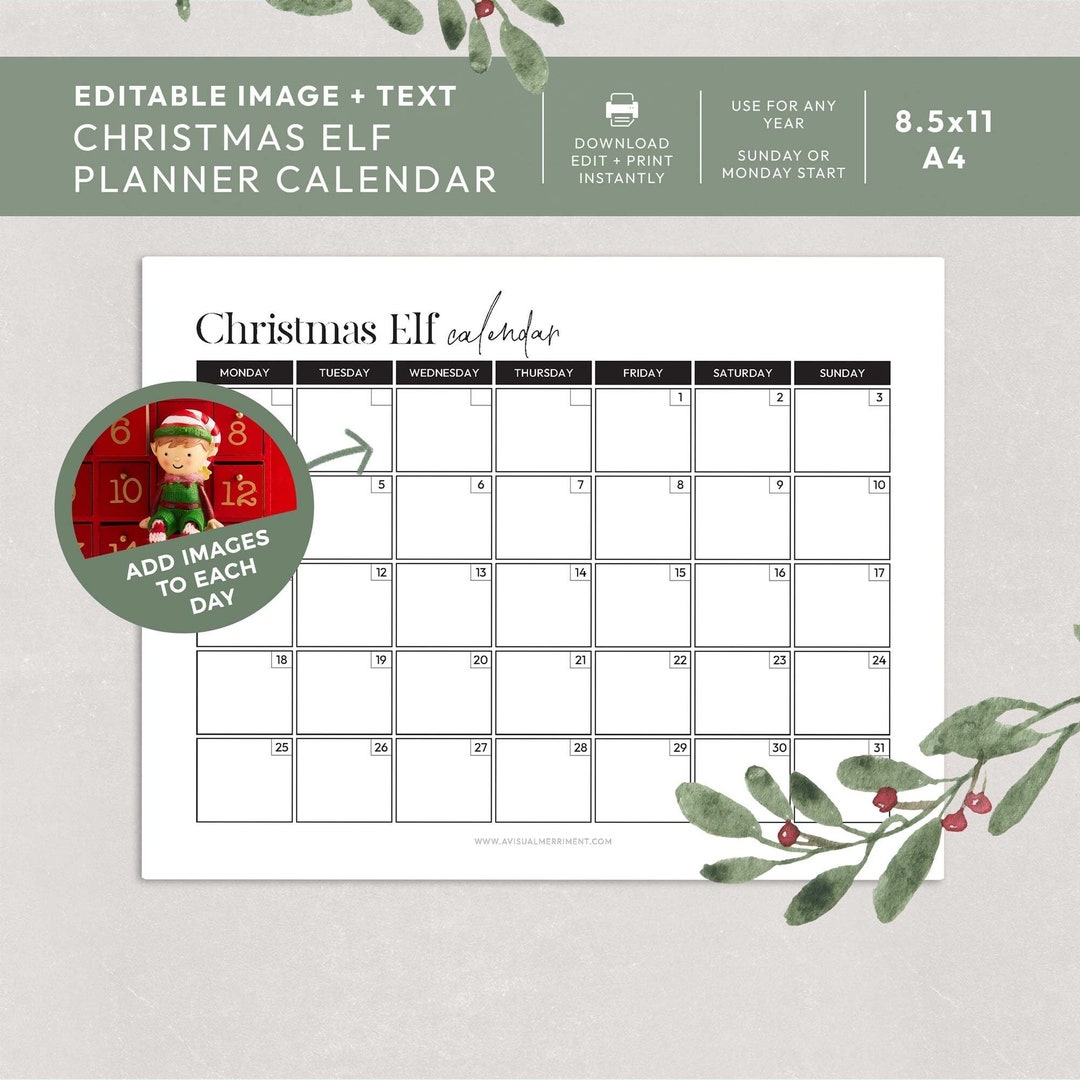 Christmas Elf Editable Calendar Planner Printable (edit Images + Text ...