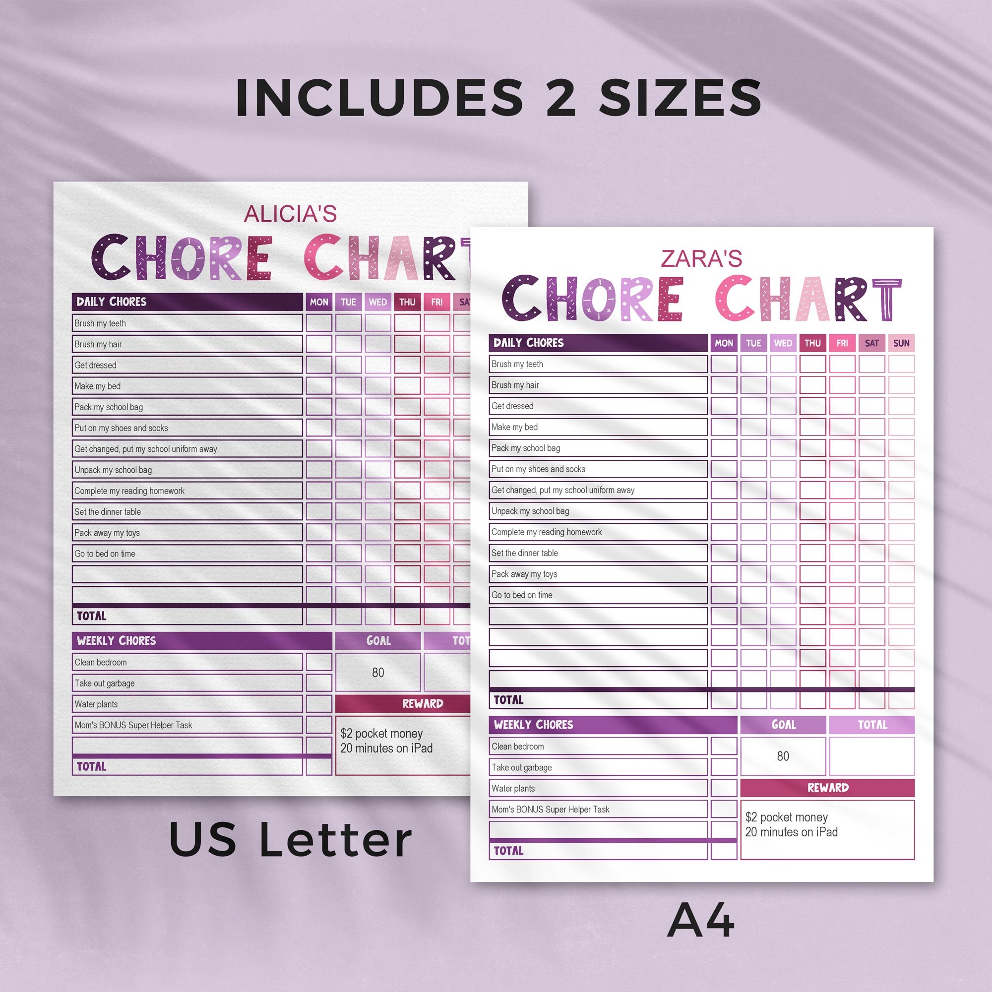 Purple Pink Chore Chart for Kids Editable Printable | Girls Daily ...