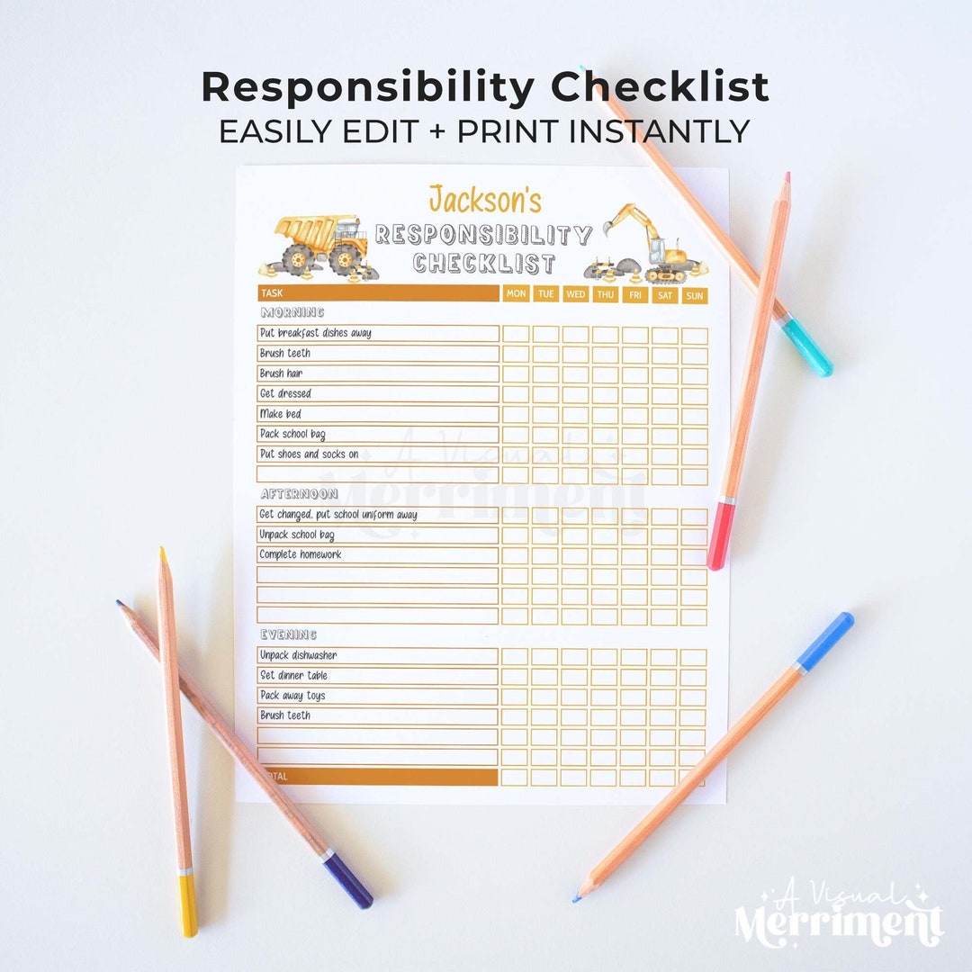 Construction Responsibility Checklist for Kids, Editable Printable ...